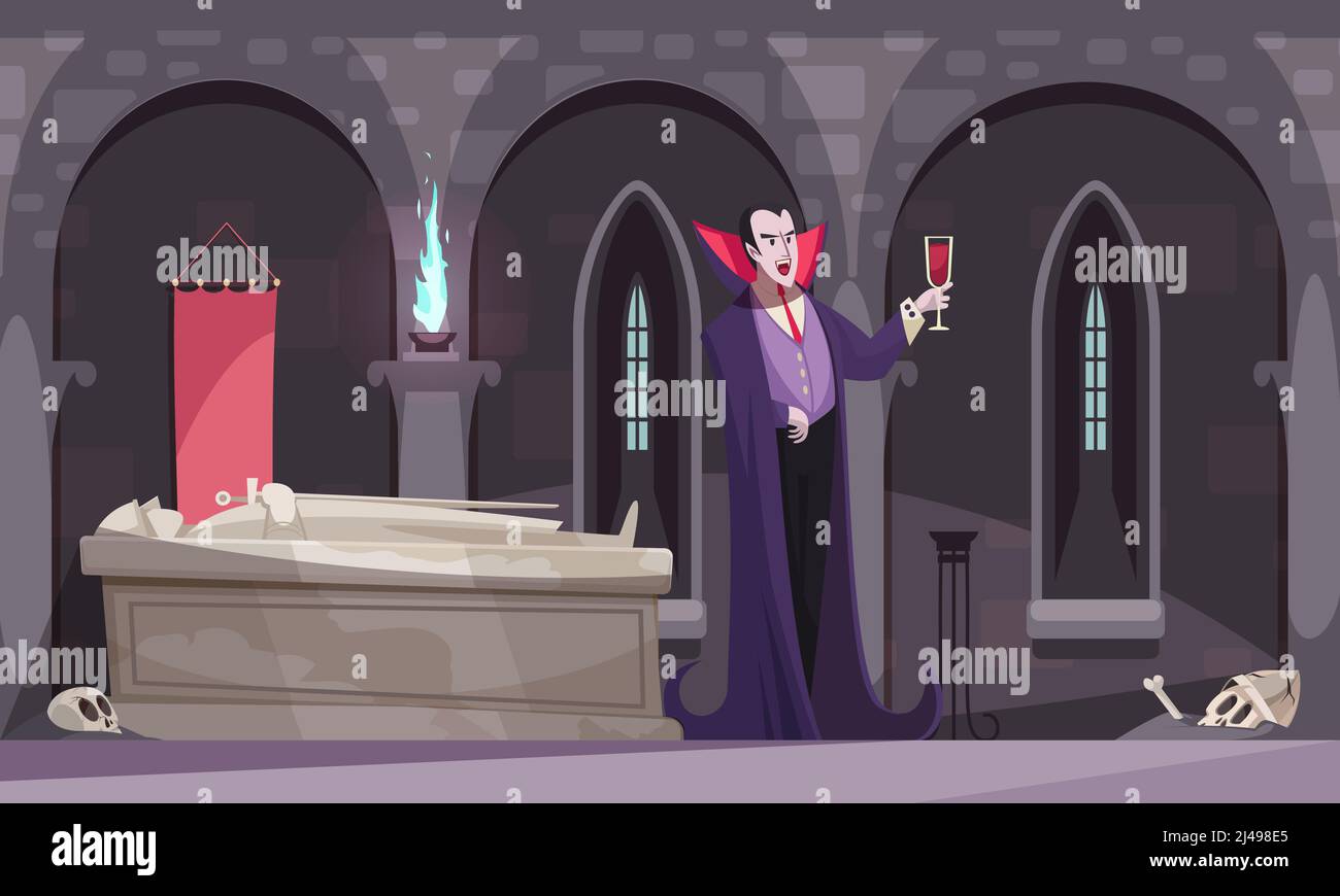 Vampire in purple cloak drinking blood from wineglass in burial vault ...