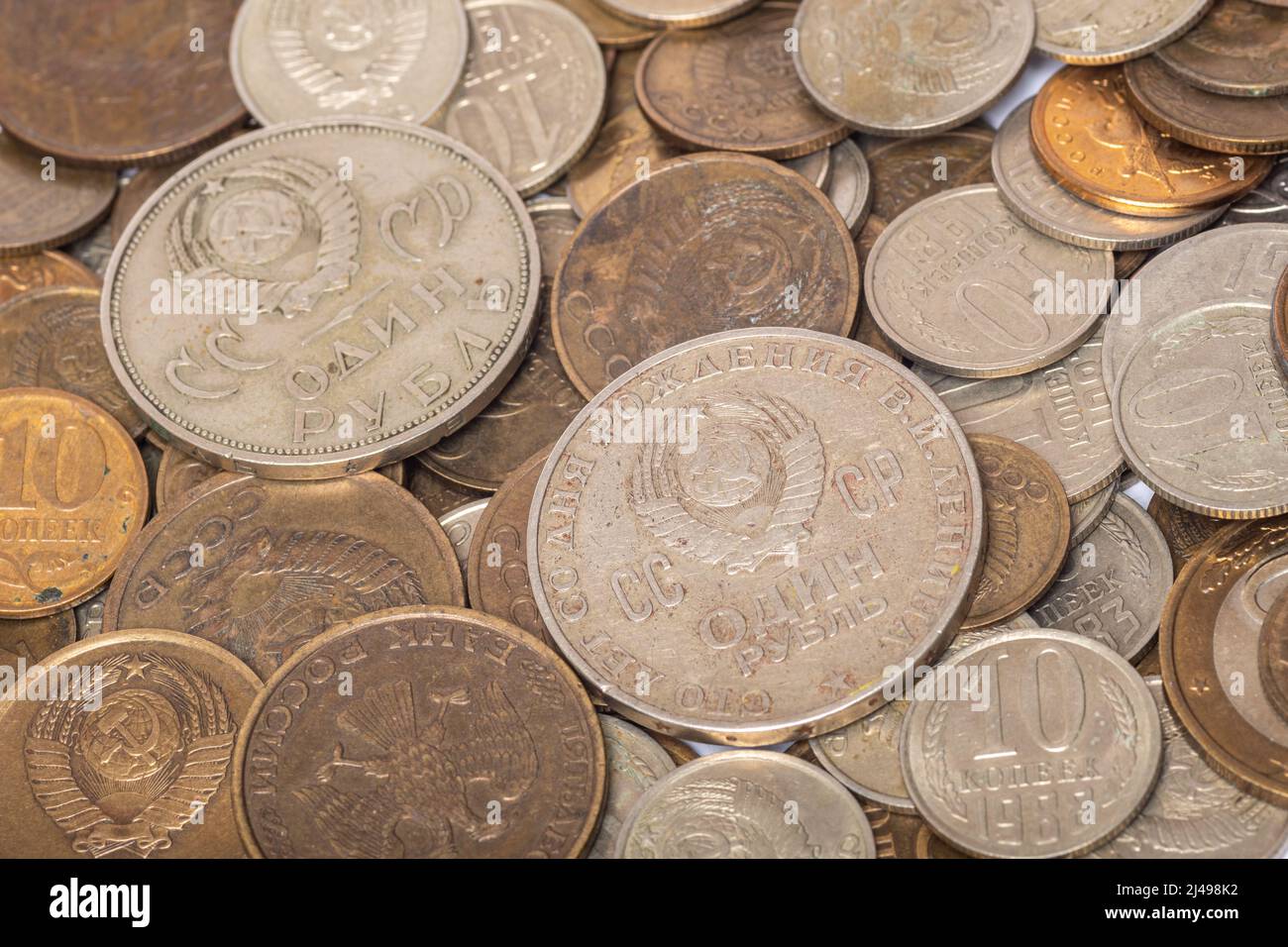 Background of old USSR coins of rubles and kopecks of various ...