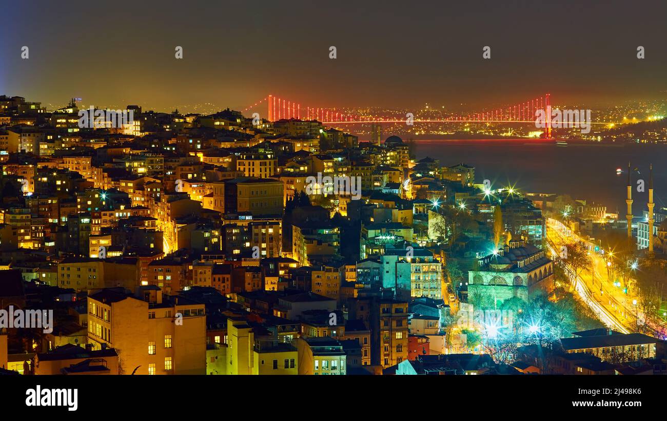 Night lights of Istanbul view from the Galata tower. Retro style Stock ...