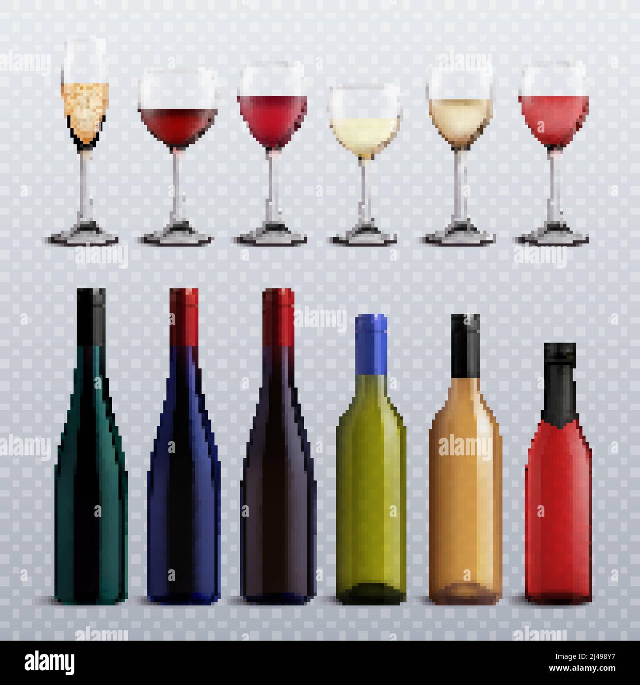 Wine bottles and glasses filled with different varieties of wine on ...