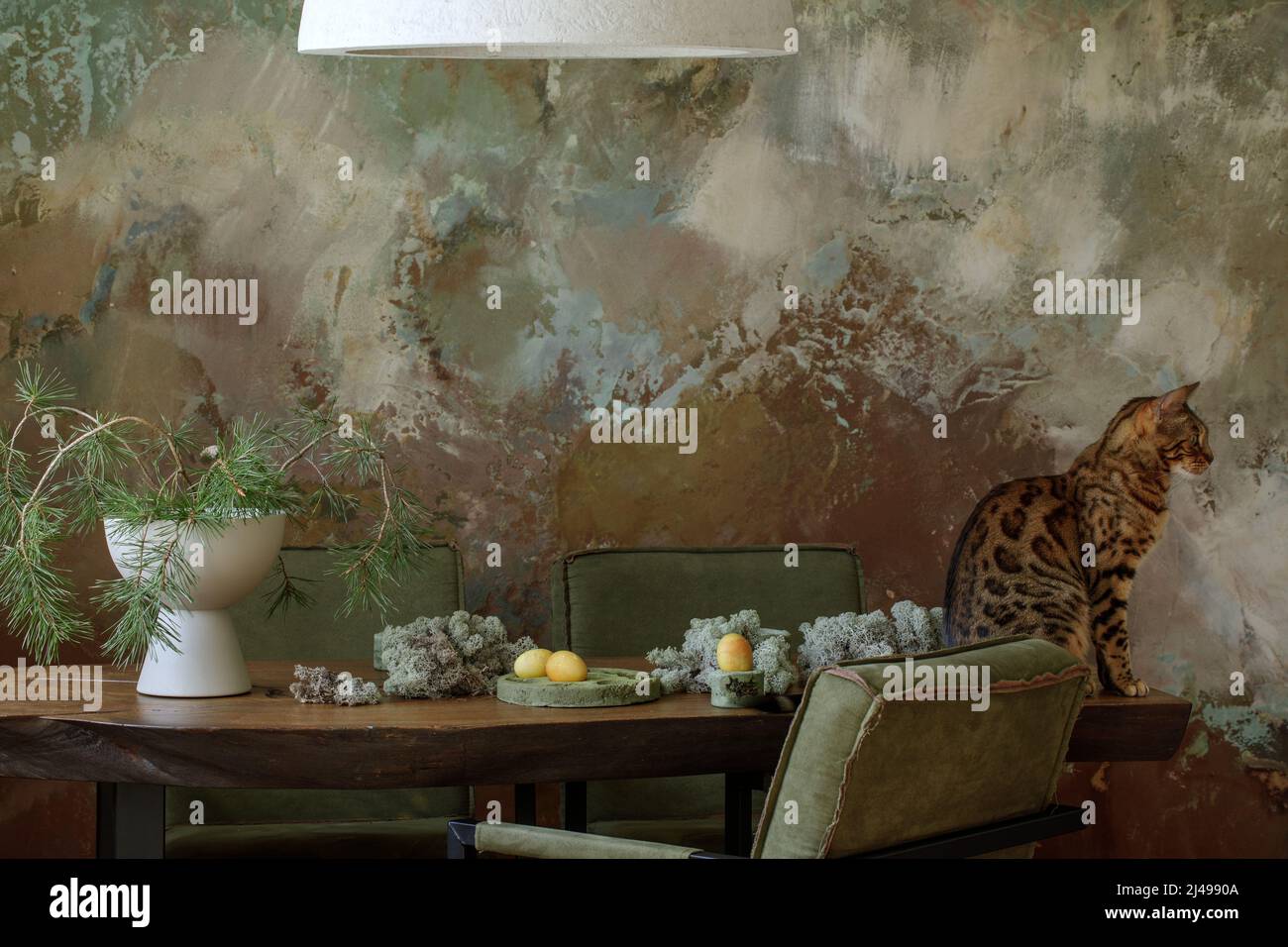 Table setting for Easter dinner decorated with forest moss, eggs ...