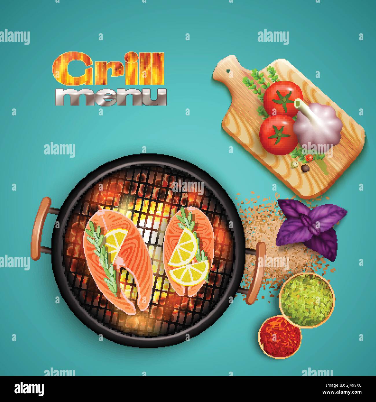 Bbq salmon cooked on grill with lemon and herbs on blue background ...