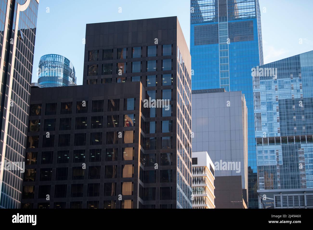 Singapore City,Singapore - April 22,2022: Low wide-angle view looking ...