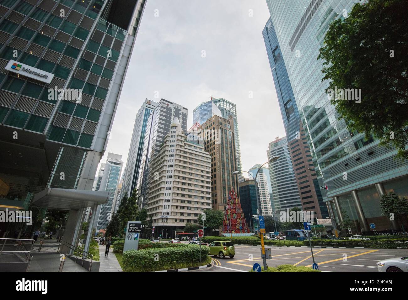 Singapore City,Singapore - April 22,2022: Low wide-angle view looking ...