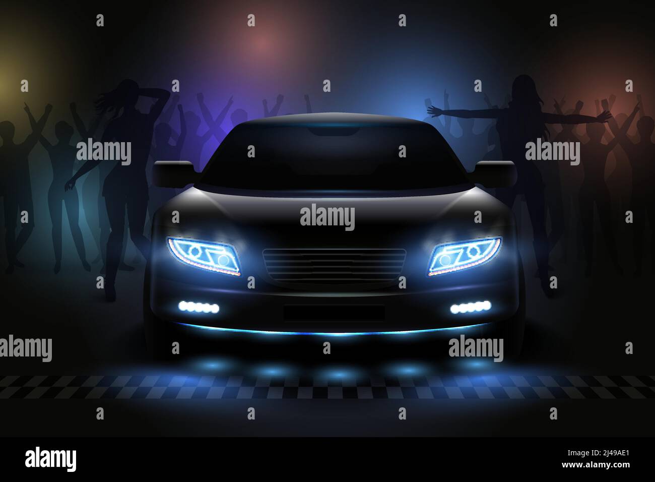 Car led lights realistic composition with view of night club with ...