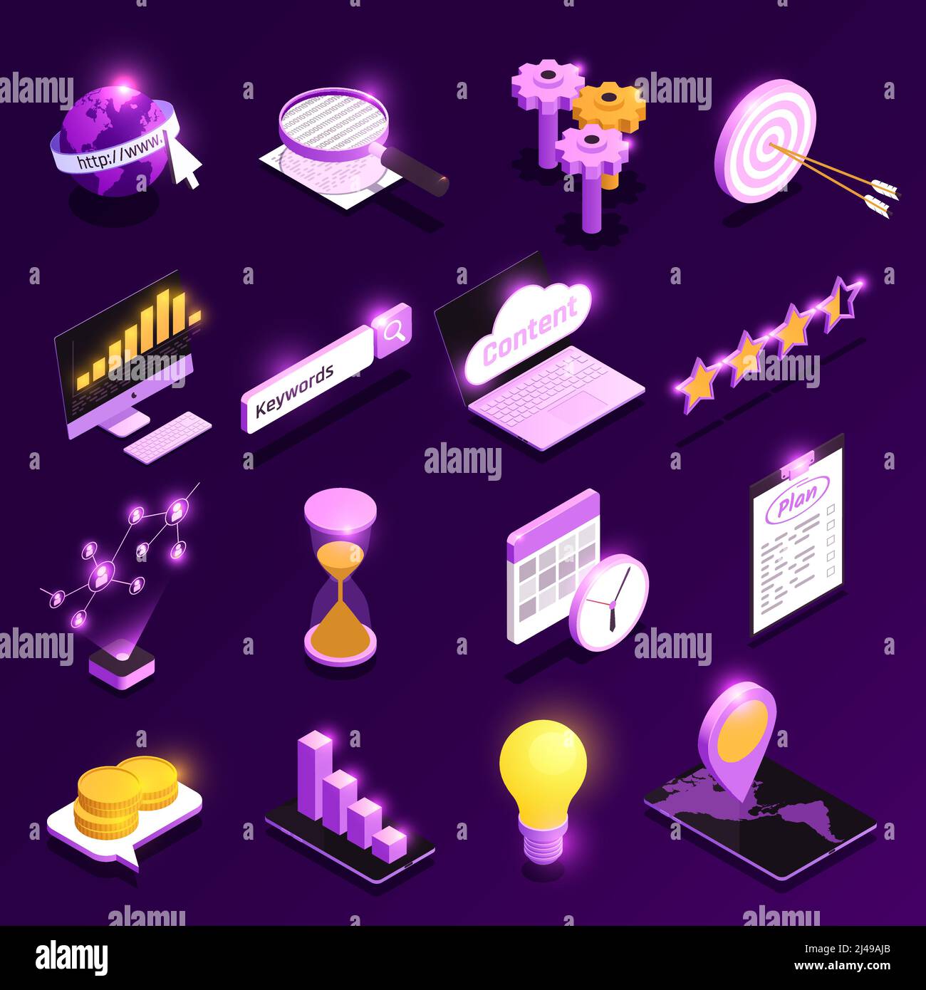 Web traffic isometric icons set with content optimization symbols ...