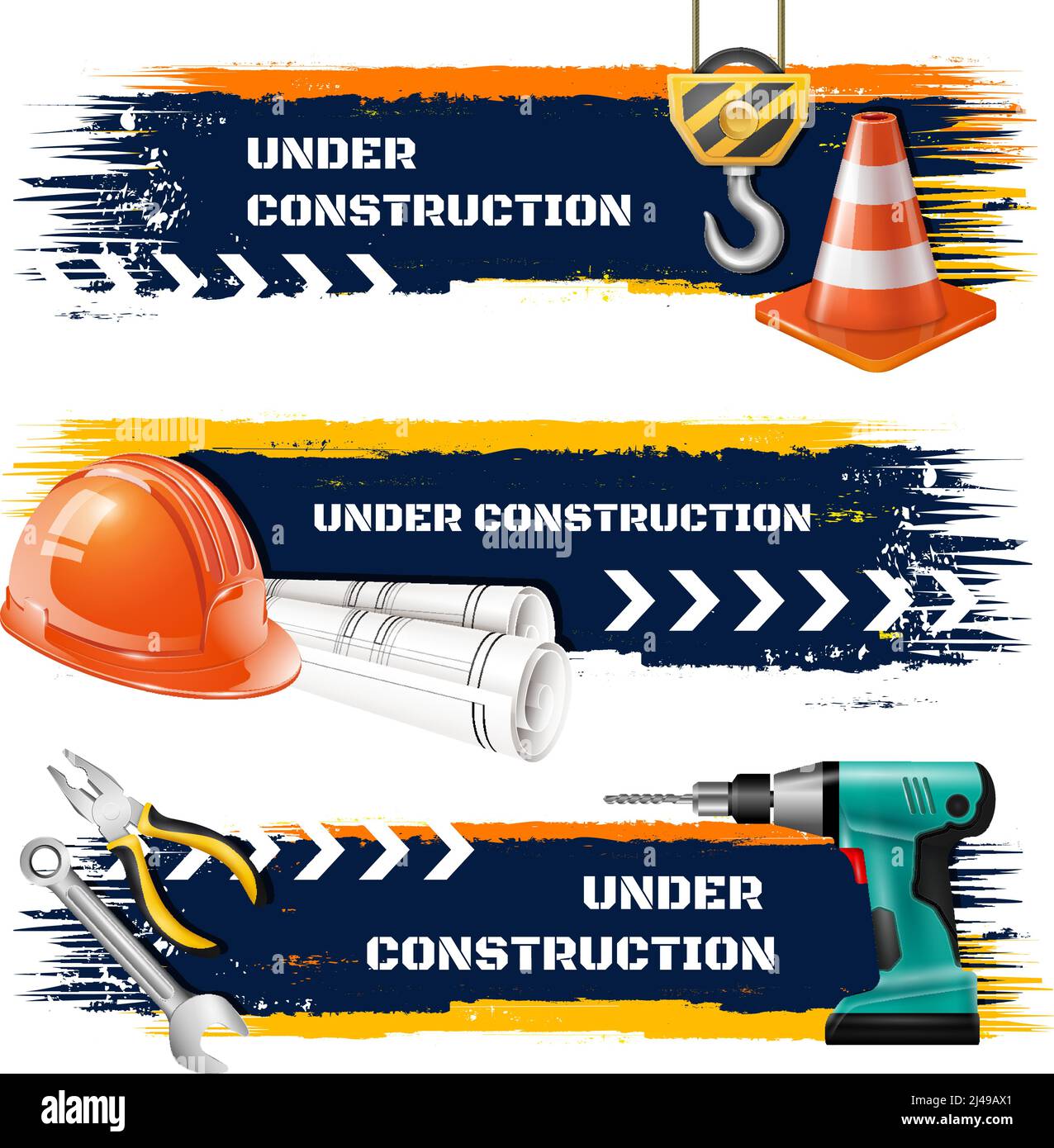 Under construction grunge banners with road barrier protective helmet ...