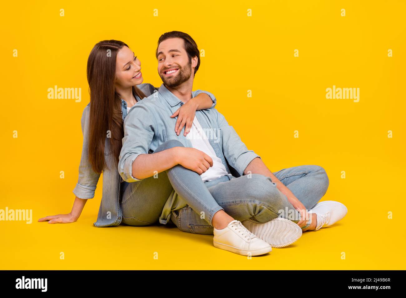 Portrait of two attractive cheerful cute people soulmate sitting ...