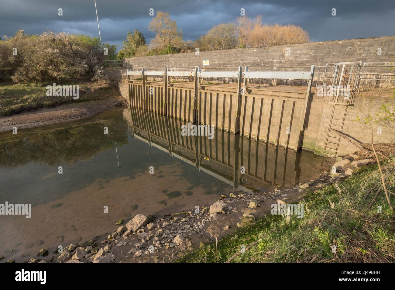 Tidal flood gates, Gwendraeth Fawr, Kidwelly, Carmarthenshire, Wales ...
