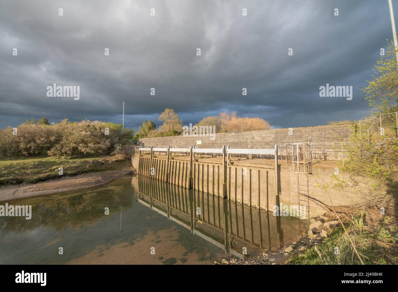 Tidal flood gates, Gwendraeth Fawr, Kidwelly, Carmarthenshire, Wales ...