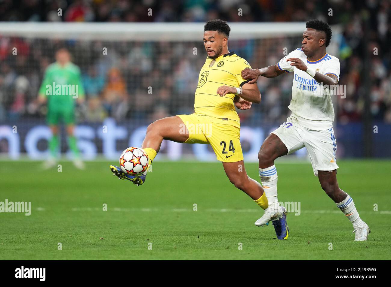 Reece James of Chelsea FC and Vinicius Jr of Real Madrid during the UEFA Champions League match ...