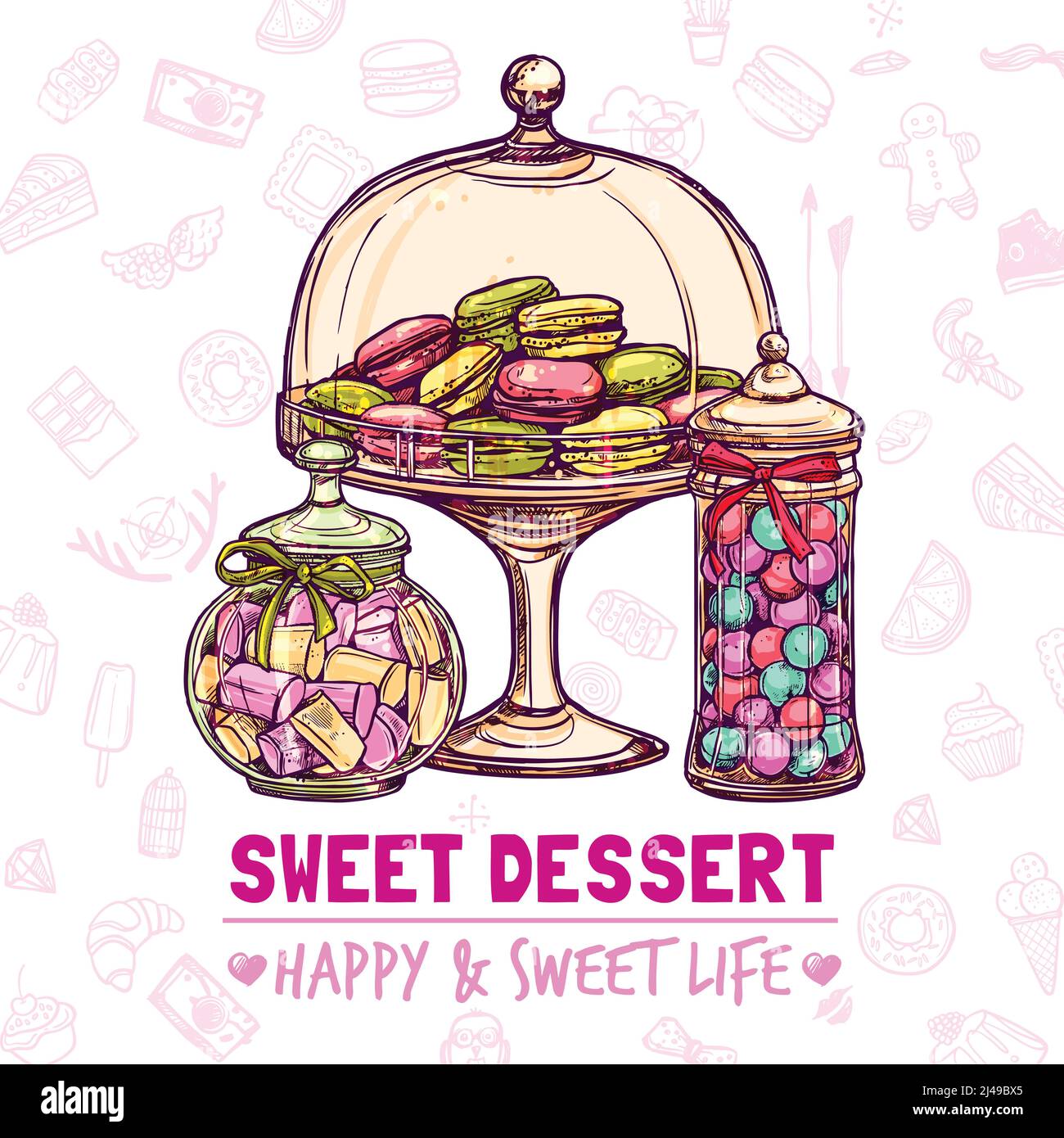 Candy shop poster with sweets cookies and macarons sketch vector ...