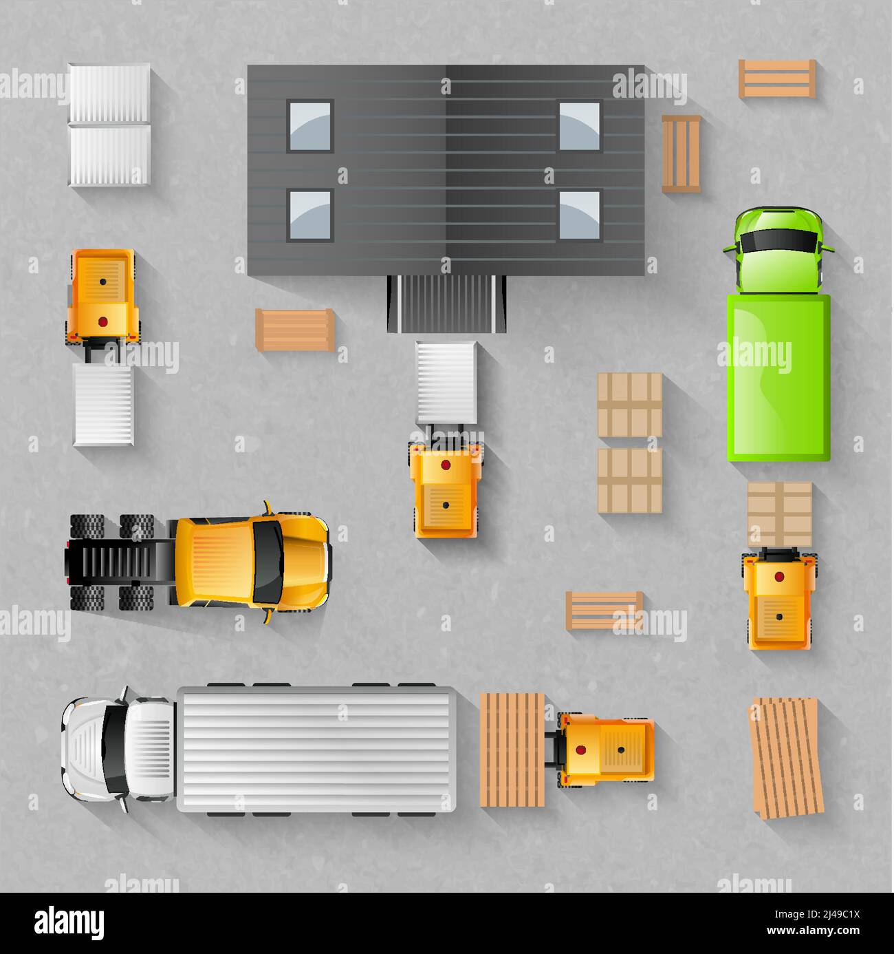 Warehouse concept with top view trucks and buildings isolated vector ...