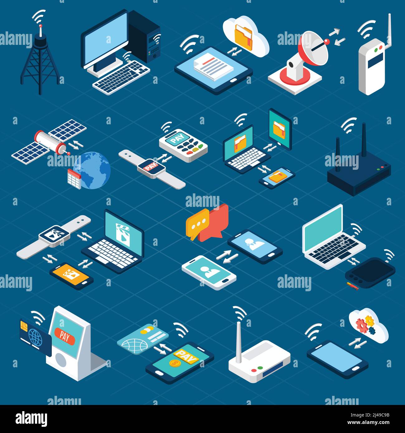Wireless technologies isometric icons set with mobile communication ...