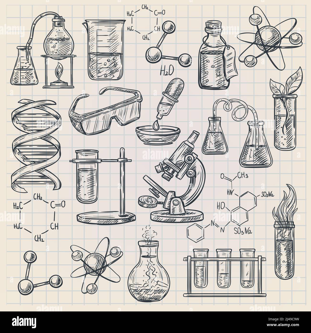 Chemistry icon in doodle style with burner flask dna structure and ...