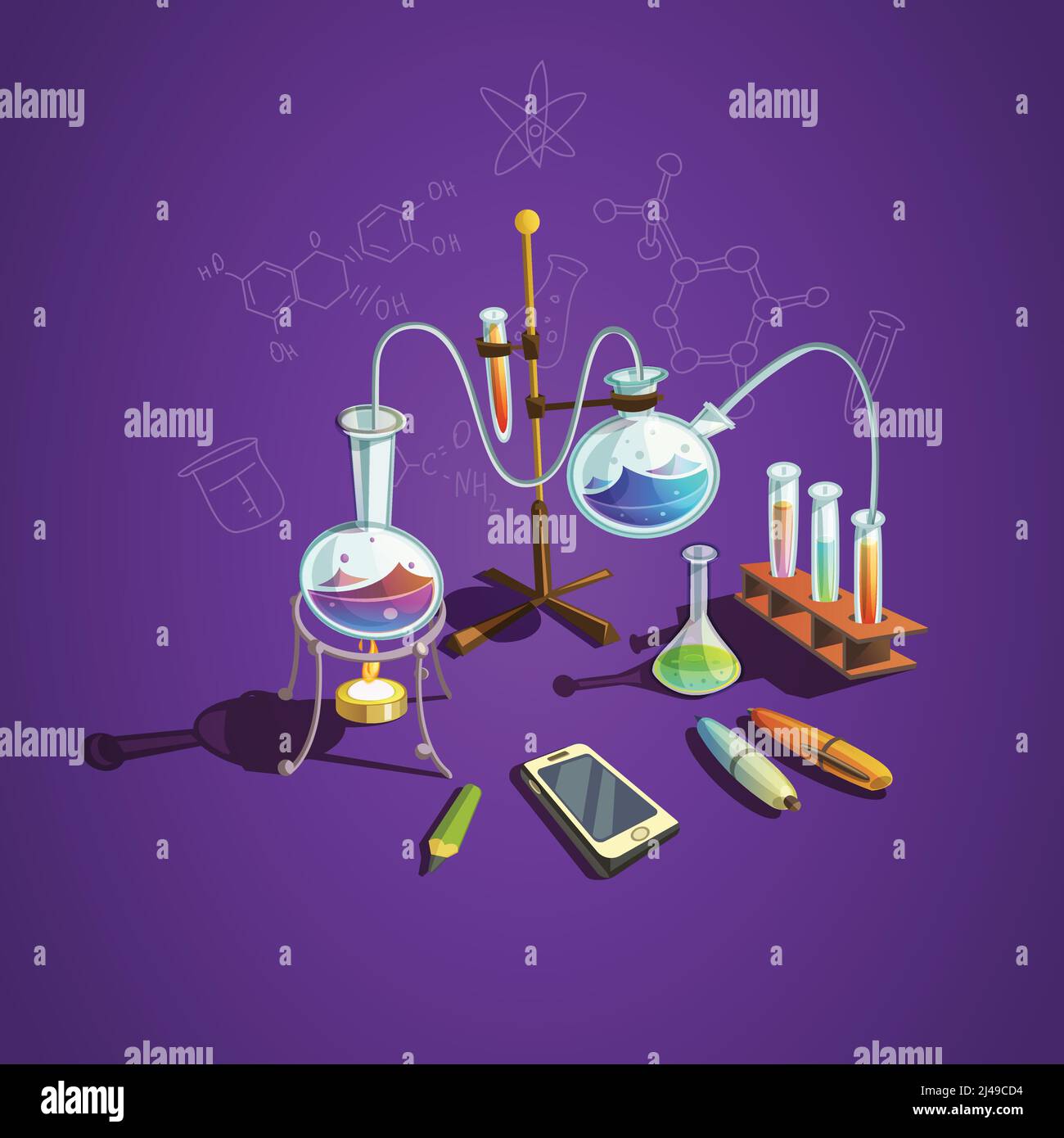 Chemistry science concept with retro cartoon scientific lab items ...