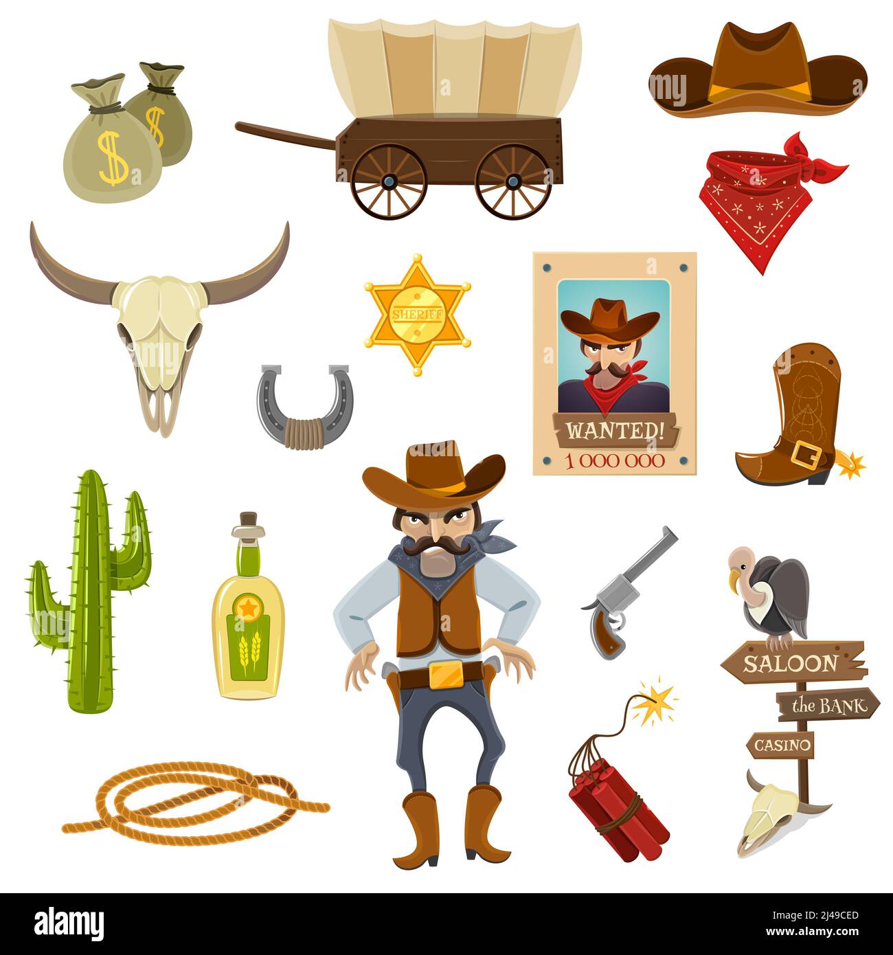 Cowboy icons set with dynamite skull and horseshoe cartoon isolated ...