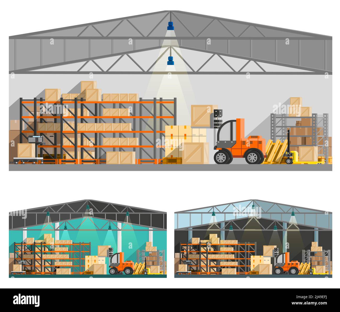 Warehouse and storage orthogonal compositions set with roof and lamps ...