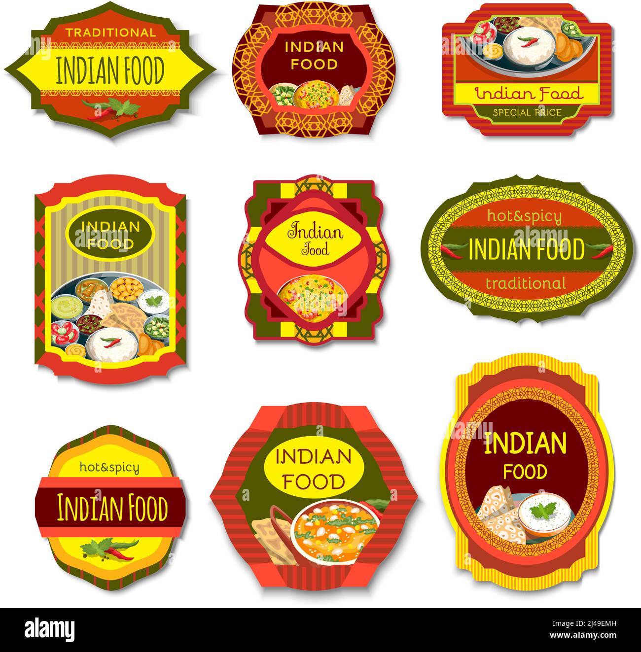 Indian food colorful emblems of traditional hot and spicy dishes with ...