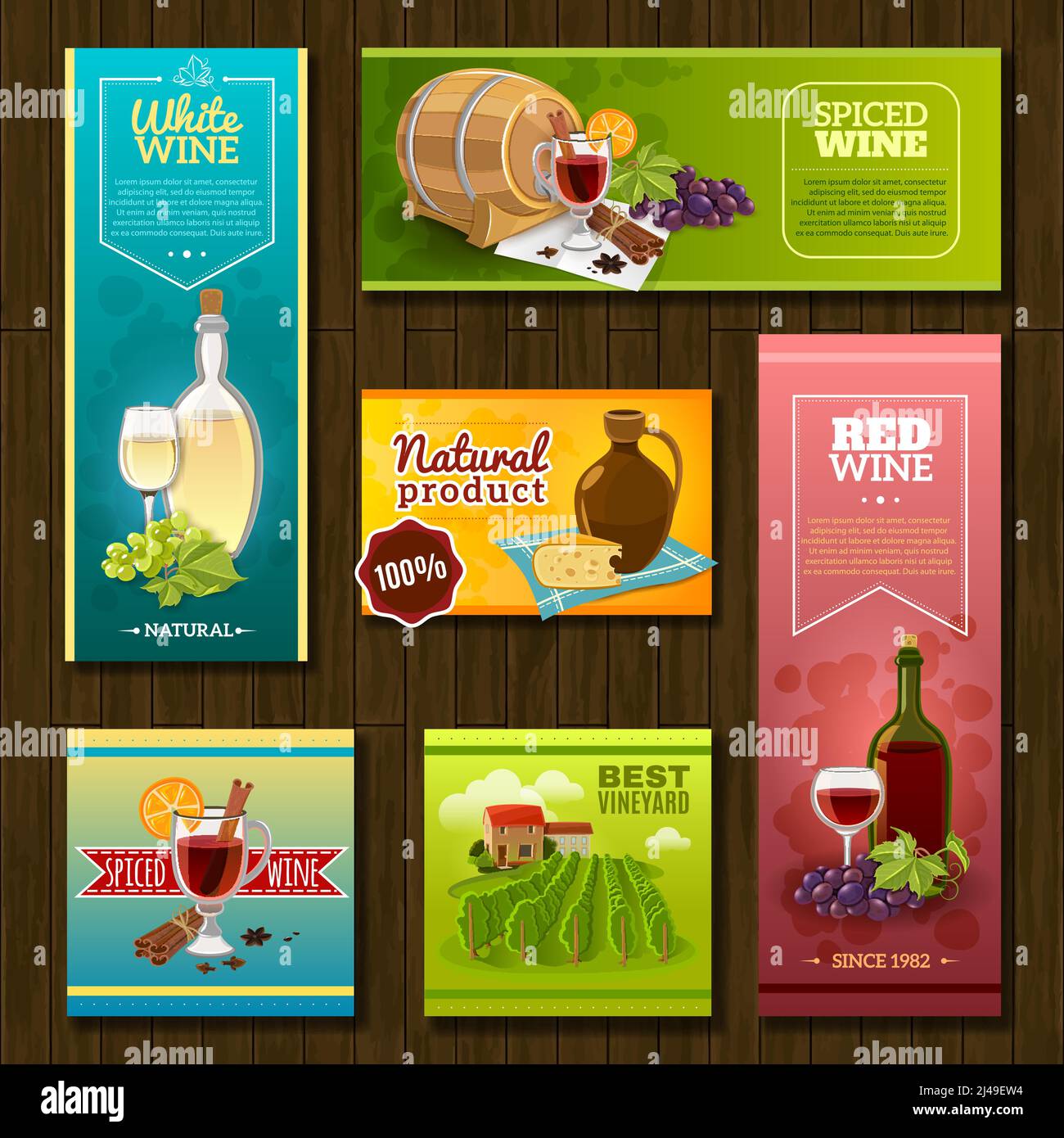 Wine banners set with vineyard cocktails ceramic bottle and barrel on ...