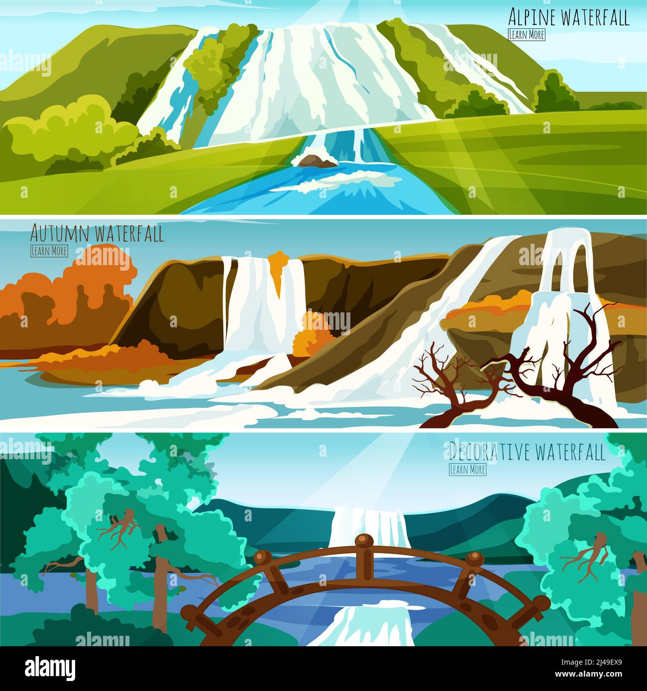 Horizontal banners collection with colorful pictures of waterfall ...