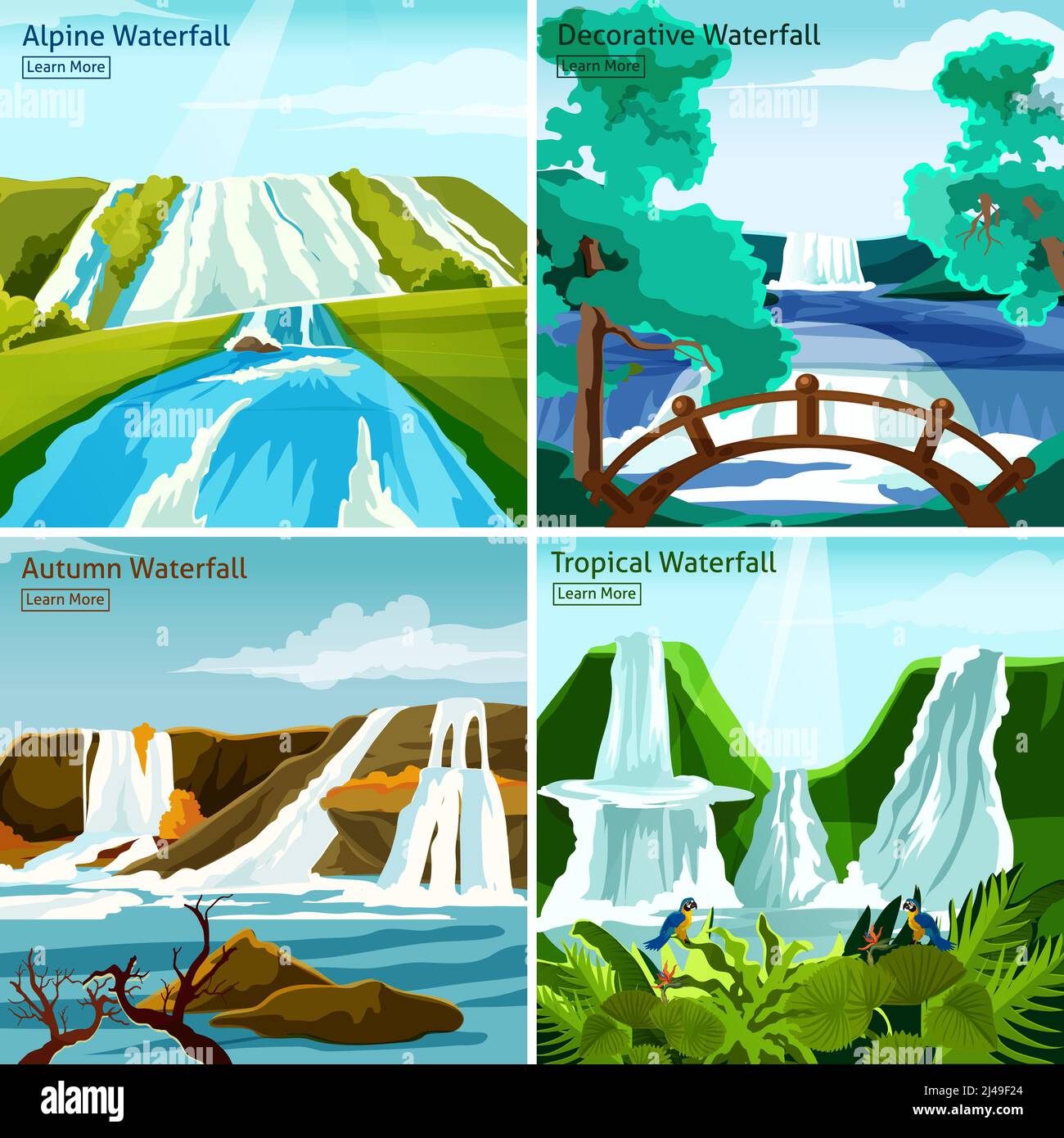 Waterfall landscapes 2x2 design concept with pictires of alpine north ...