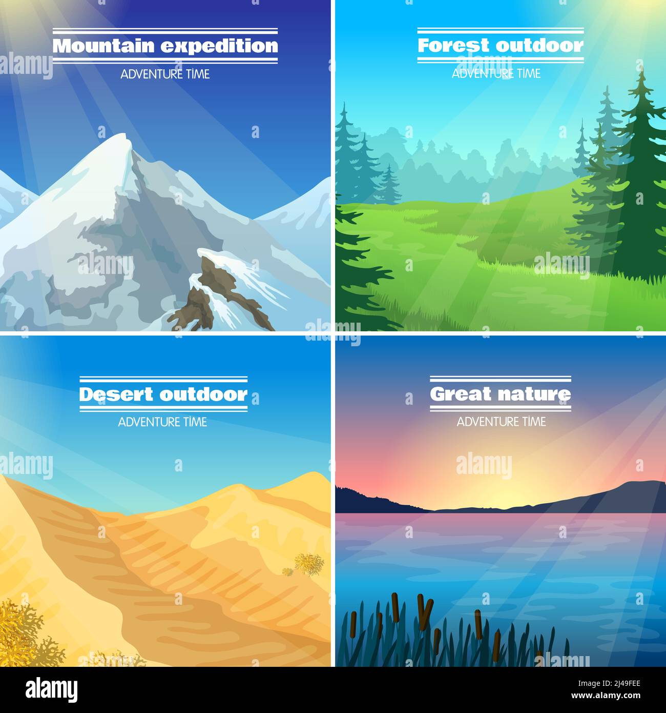 Great nature camping 4 flat pictograms collection with forest desert ...