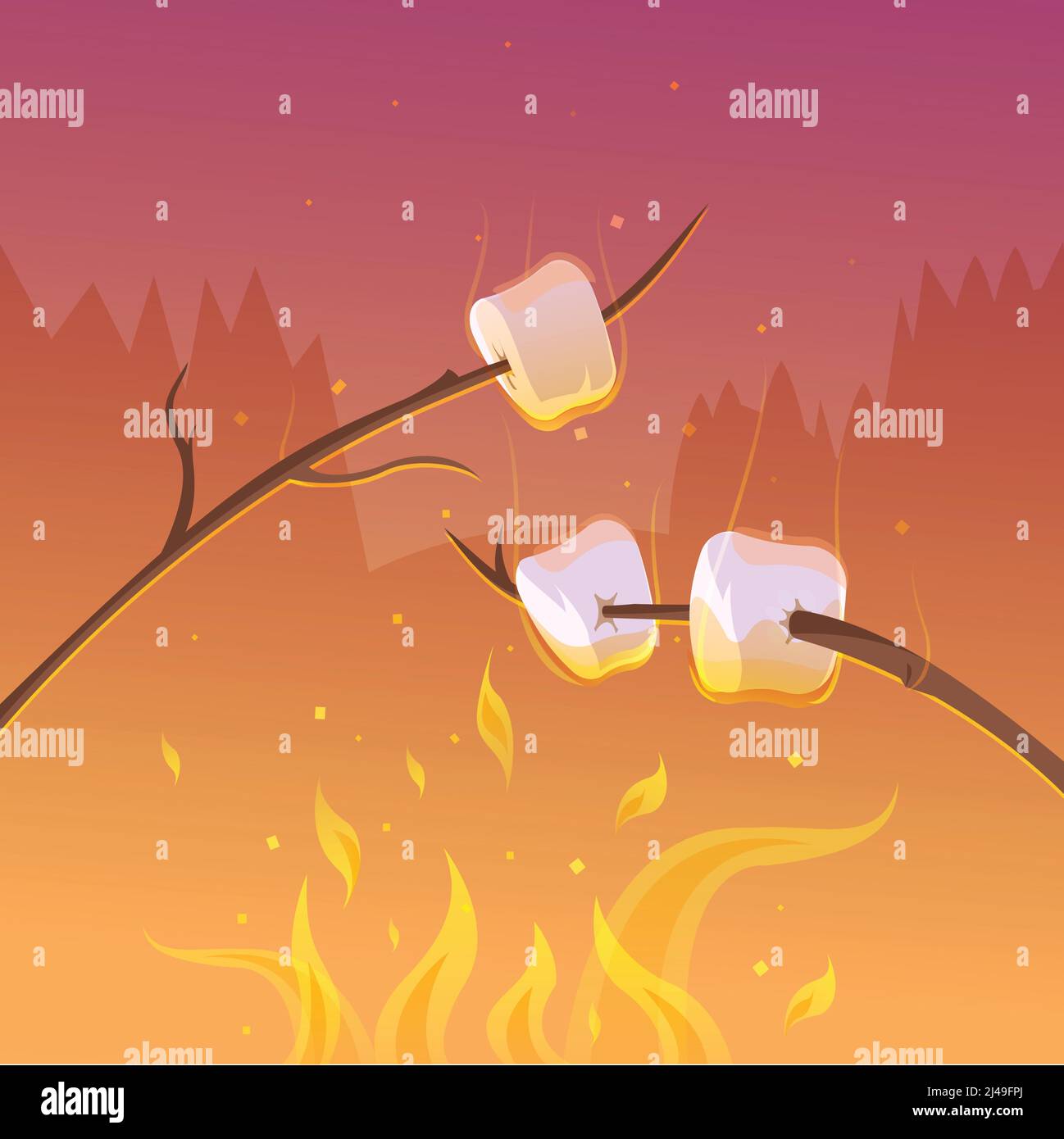 Barbecue and hiking at night cartoon background with sticks and fire ...