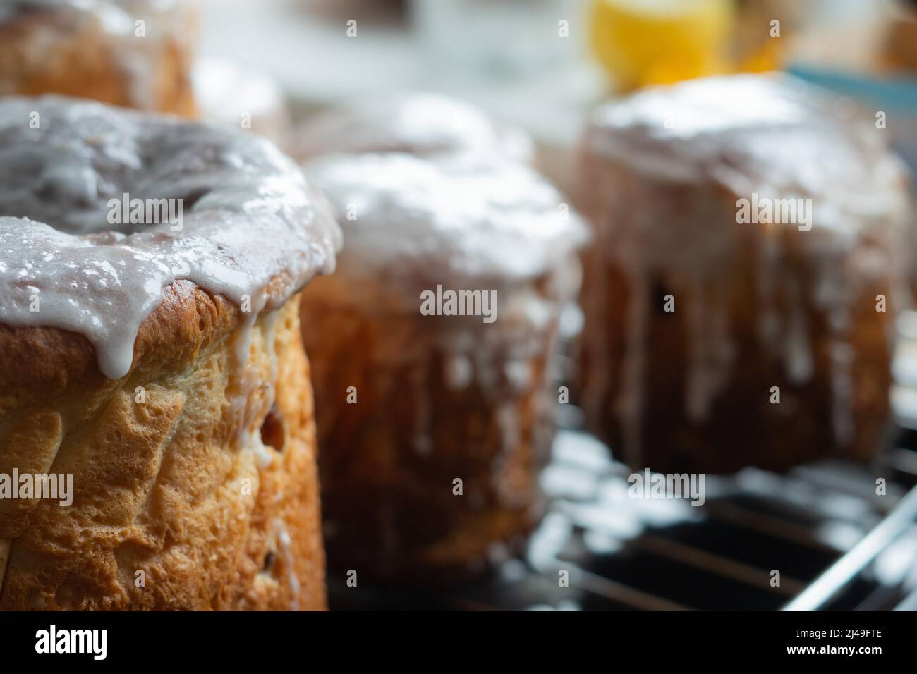 Traditional Ukrainian Easter baked pastry Paska covered in frosting ...