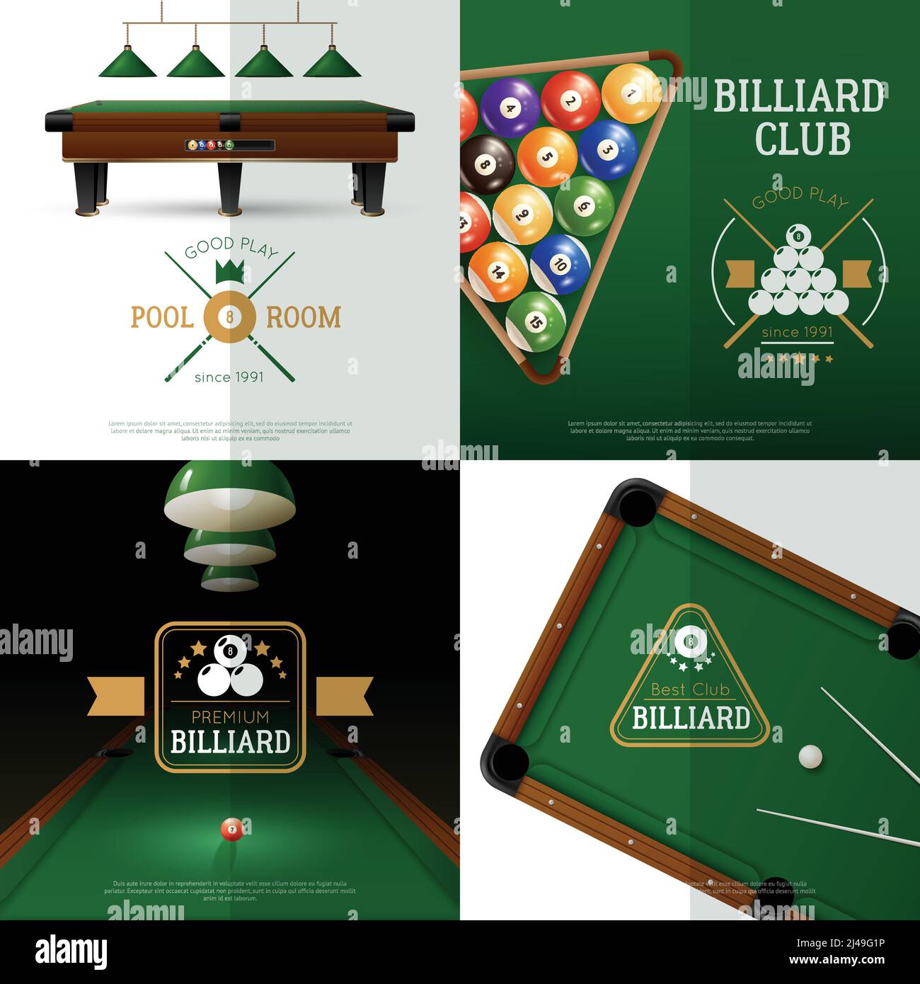 Billiards realistic concept icons set with club and pool room symbols ...