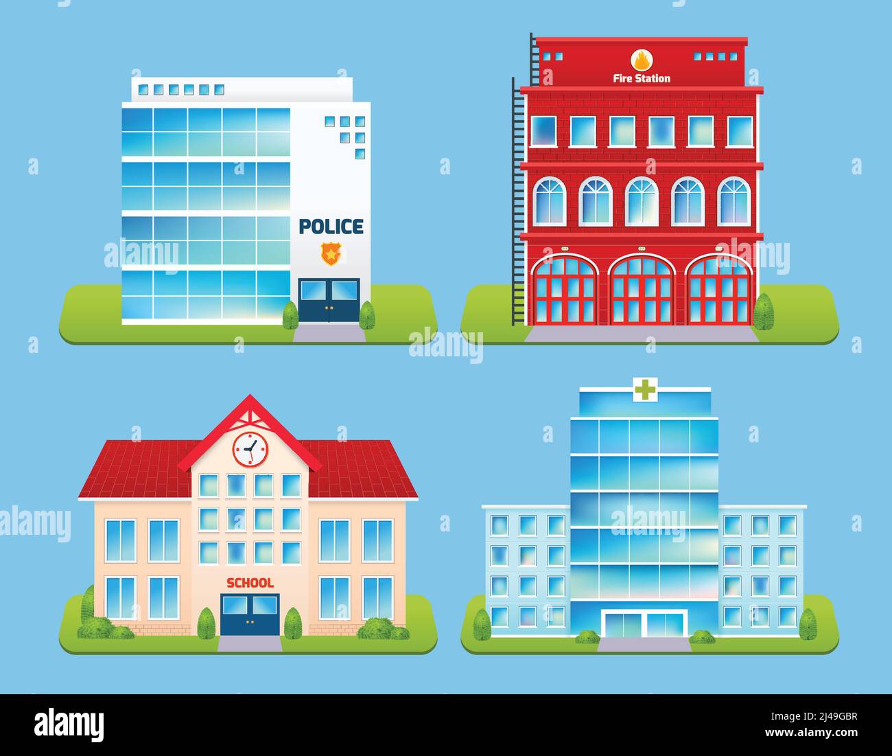 Government buildings emblems set with police office fire station school ...