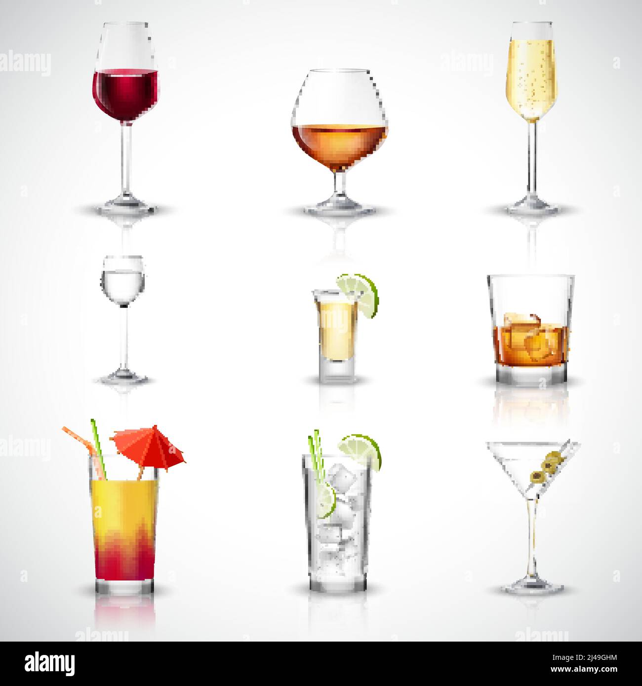 Alcohol drinks in realistic glasses decorative icons set isolated ...