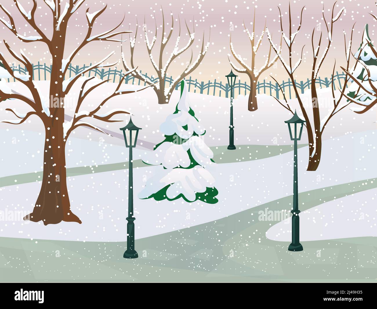 Winter park 2d game landscape with trees covered with snow flat vector ...