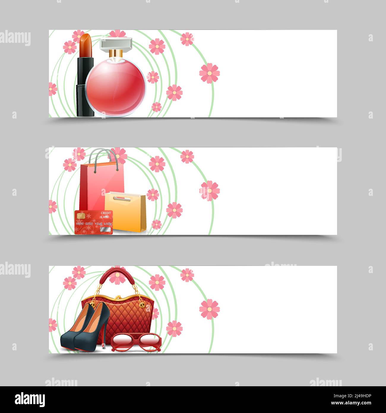 Women shopping horizontal banners set with realistic cosmetics fashion ...