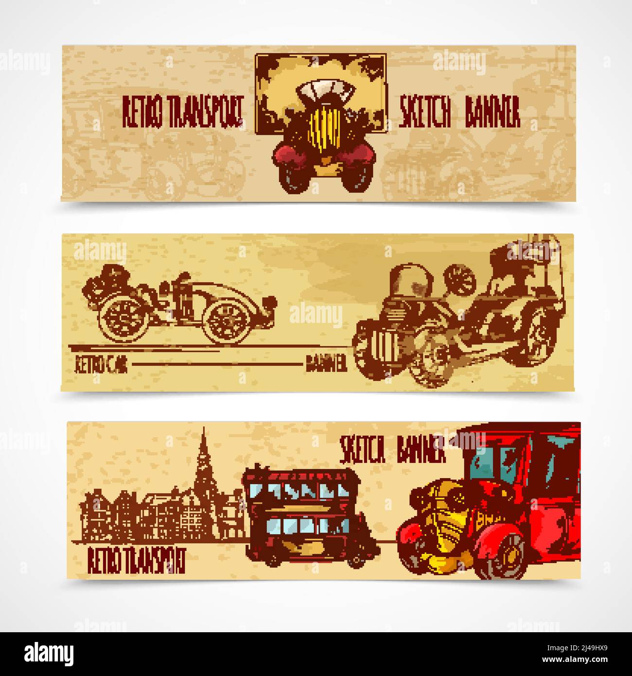 Vintage transport retro cars horizontal hand drawn banners set isolated ...