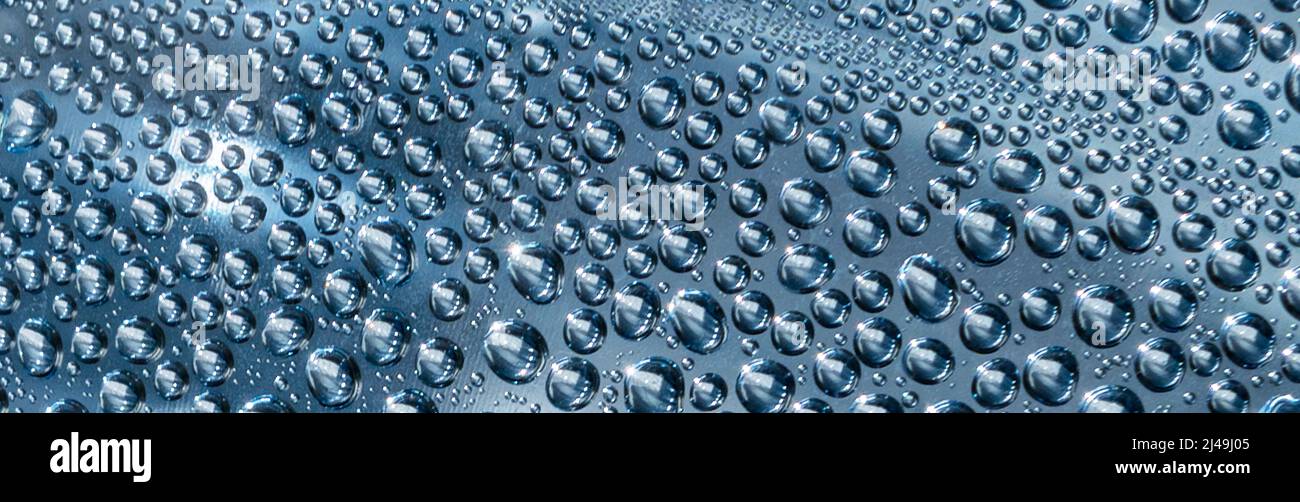 Banner of water drops on blue background. Water droplets on glass ...