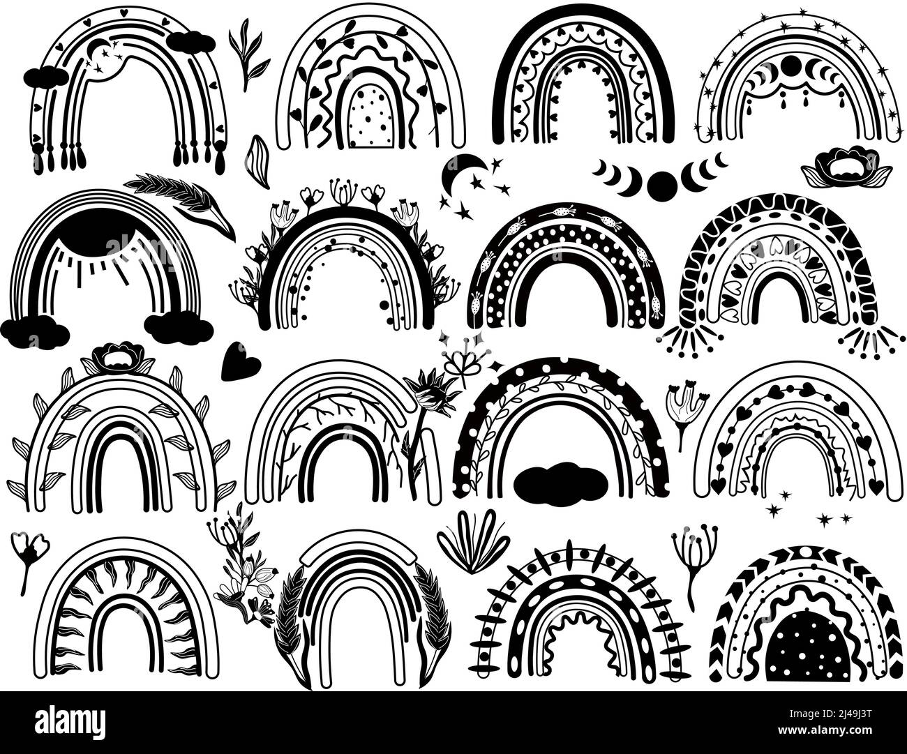 Set of boho rainbows with hearts, flowers, sun, clouds, rain. Black and ...
