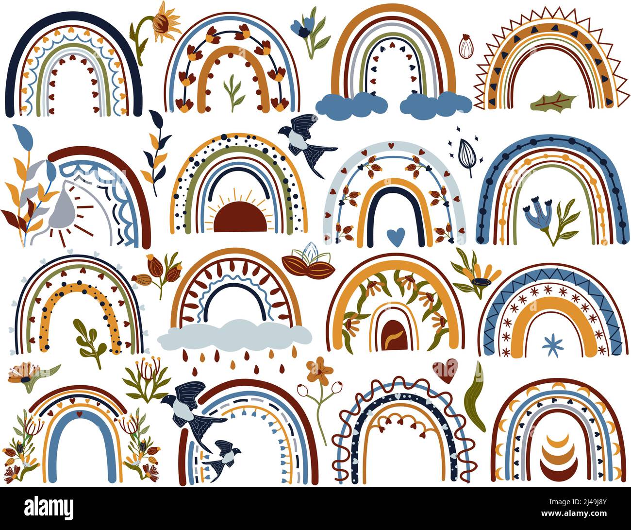 Baby boho rainbows with hearts, flowers, sunflower, sun, clouds, rain ...