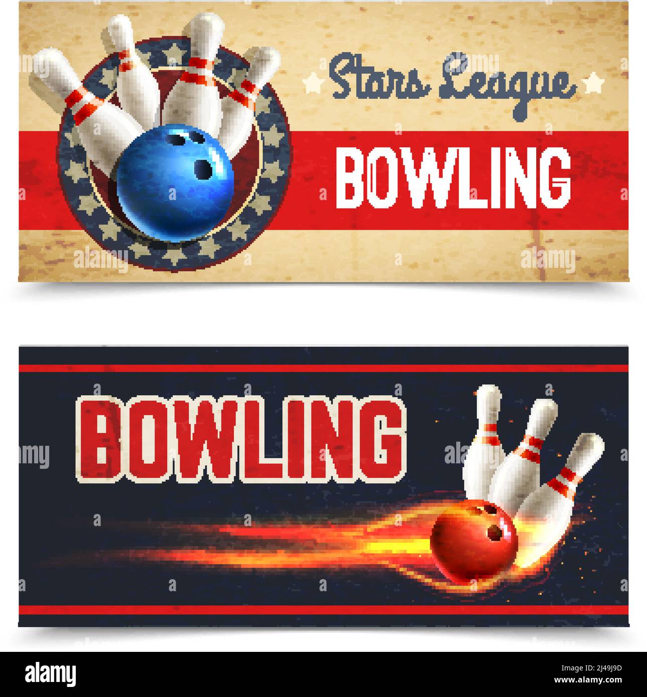 Bowling horizontal banner set with game pins and ball in fire isolated ...