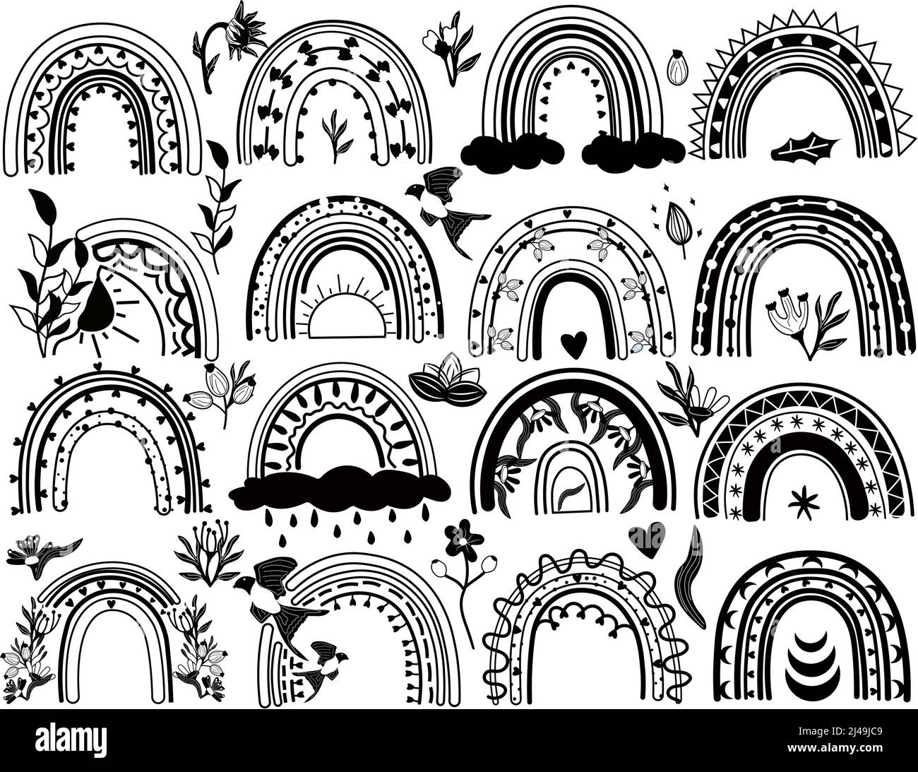 Baby boho rainbows with hearts, flowers, sunflower, sun, clouds, rain ...