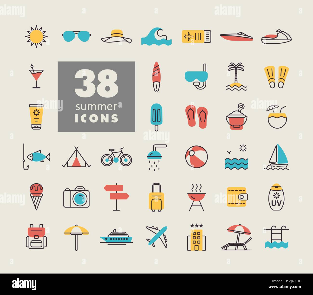 Summer vector isolated icons set. Summertime sign. Graph symbol for ...