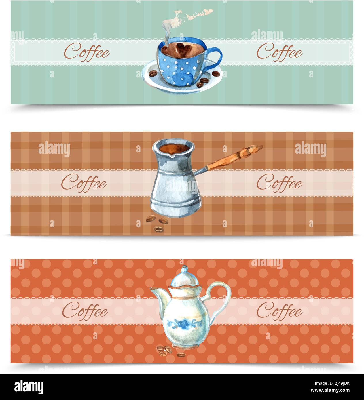Coffee horizontal banners set with watercolor cup and pot isolated ...