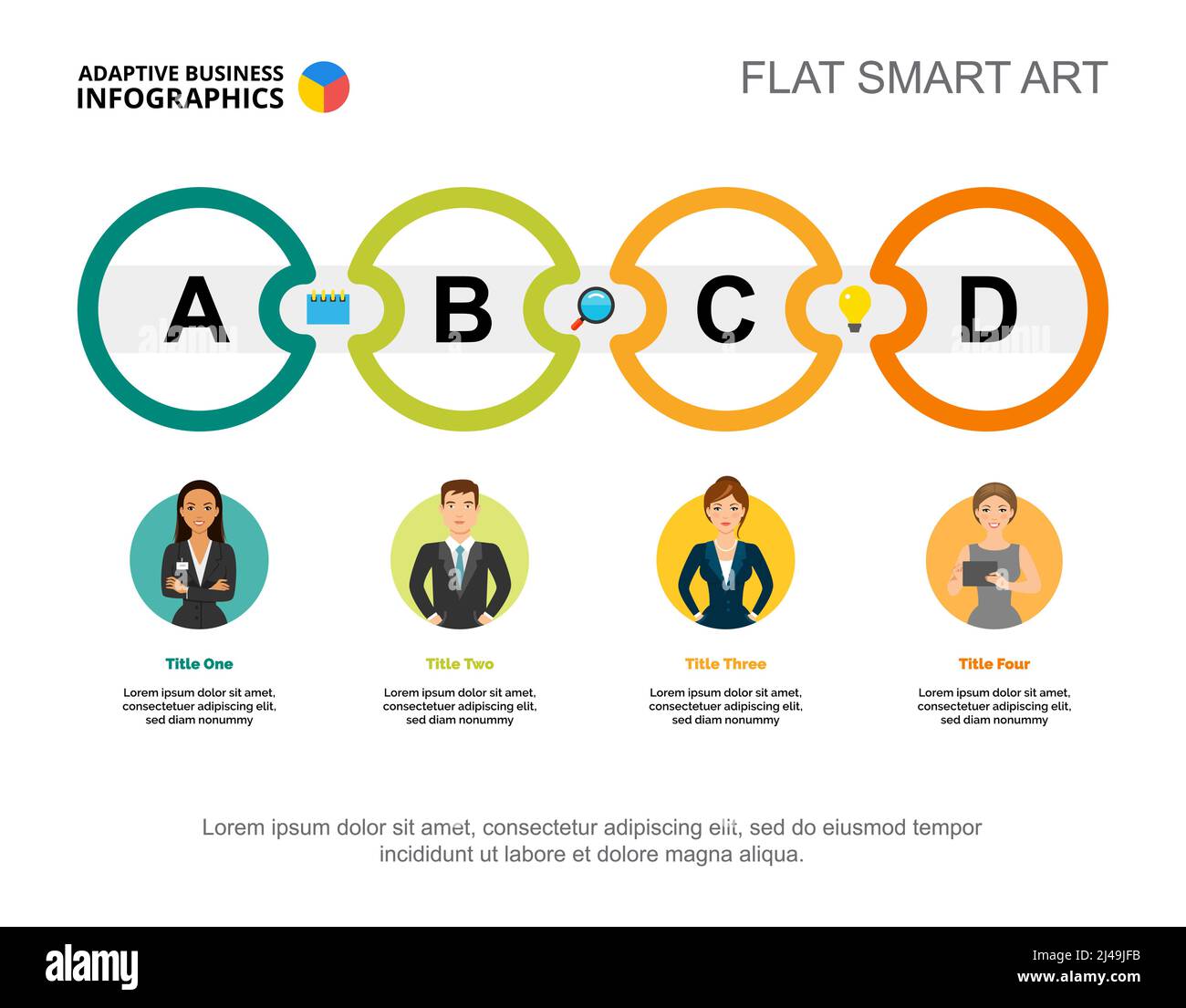 Four connected circles process chart template for presentation ...