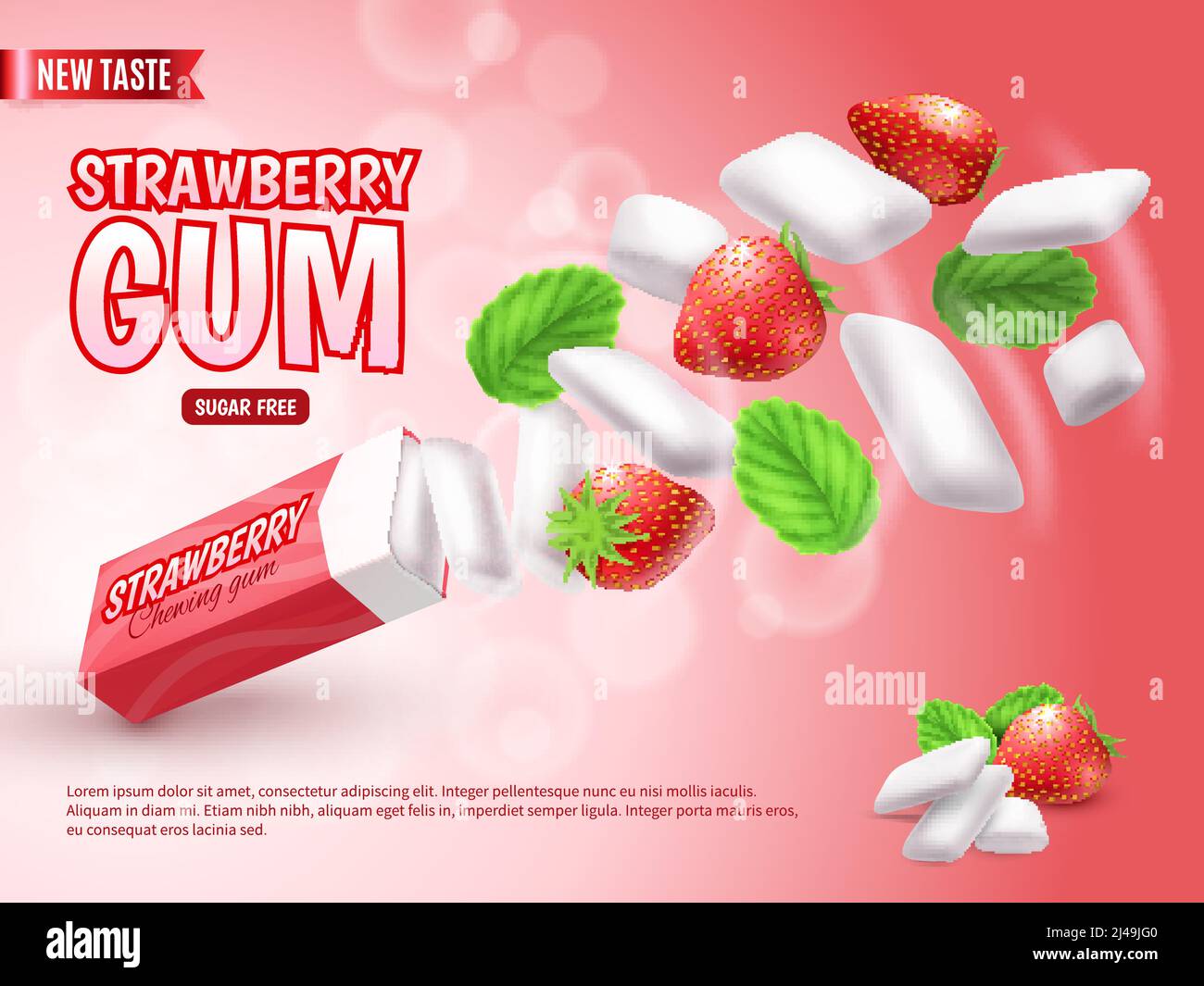 Chewing gum with strawberry and green leaves on blurred red gradient ... Chewing gum with strawberry and green leaves on blurred red gradient ...