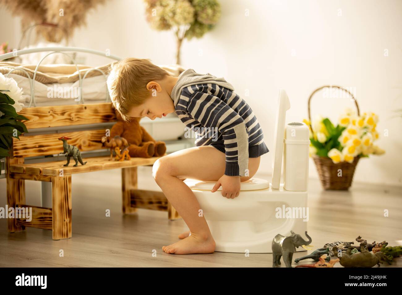 Cute toddler child, boy, using potty at home, while playing with toys ...