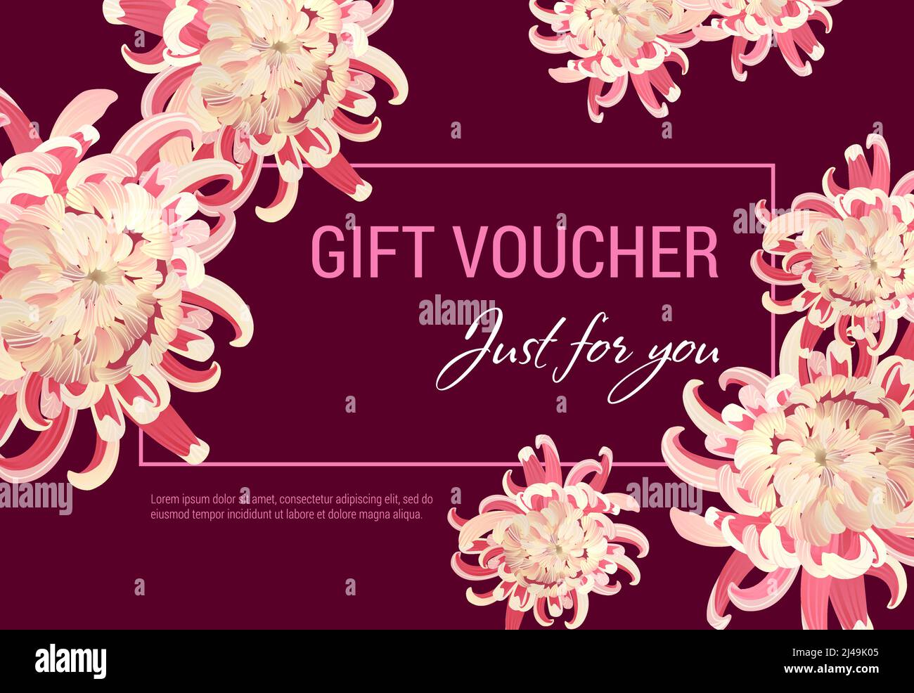 Just for you gift certificate design with pink flowers and frame on ...
