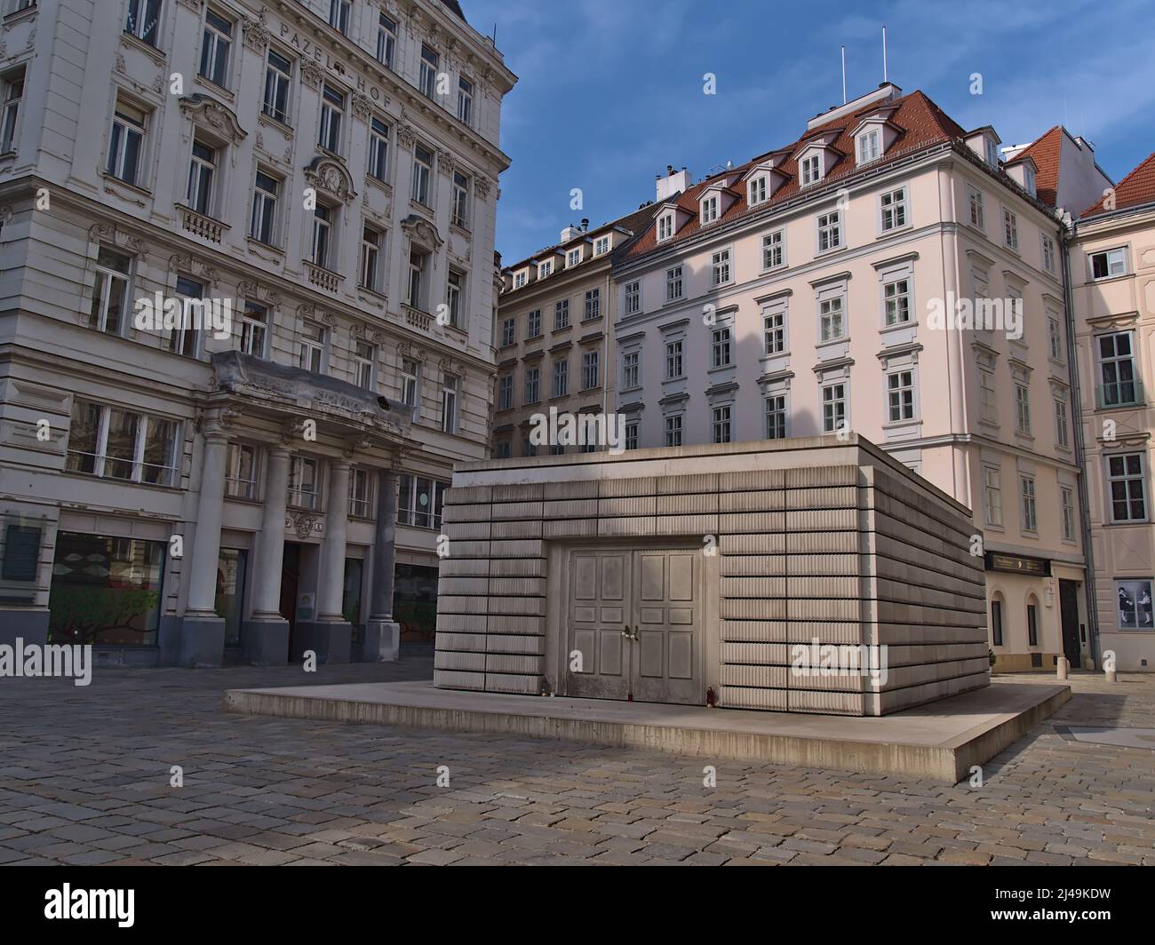 View of the Judenplatz Holocaust Memorial in the historic center of ...