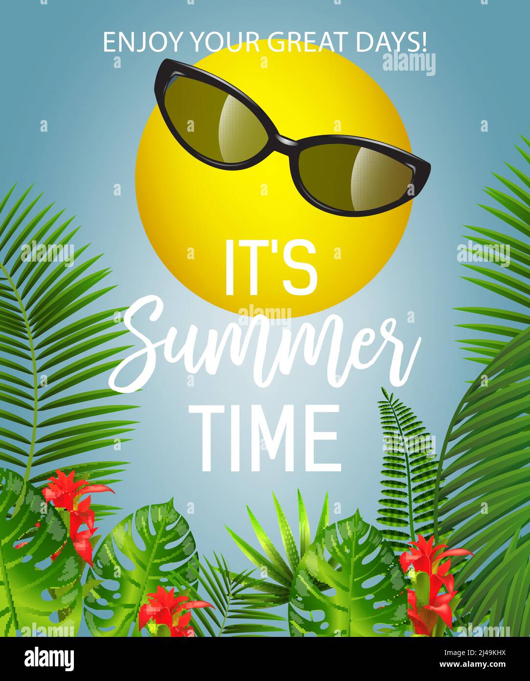 It is summer time lettering with sun in sunglasses. Summer offer design ...