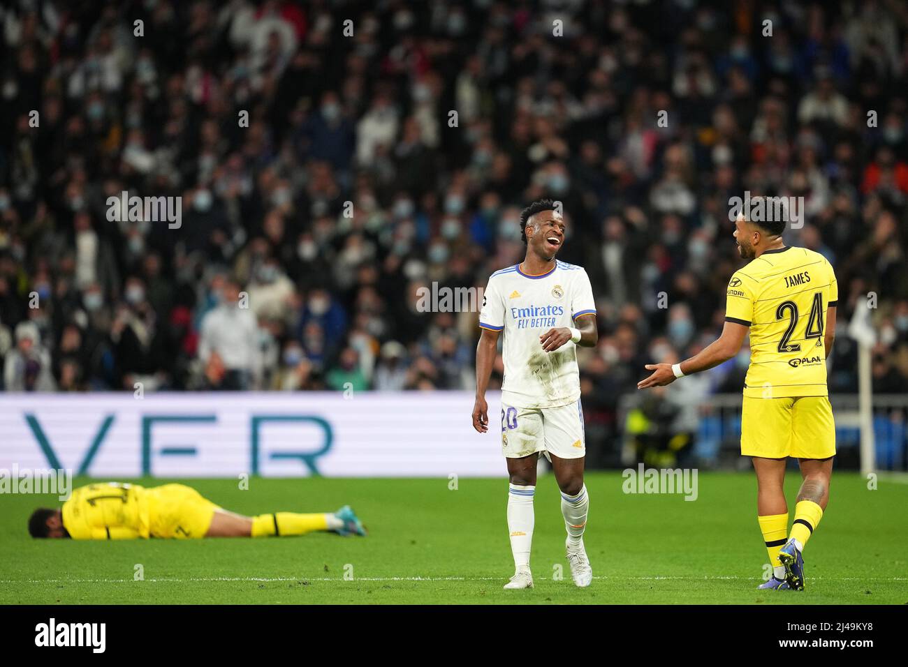 Madrid, Spain. 12th Apr, 2022. Vinicius Jr of Real Madrid and Reece James of Chelsea FC during ...