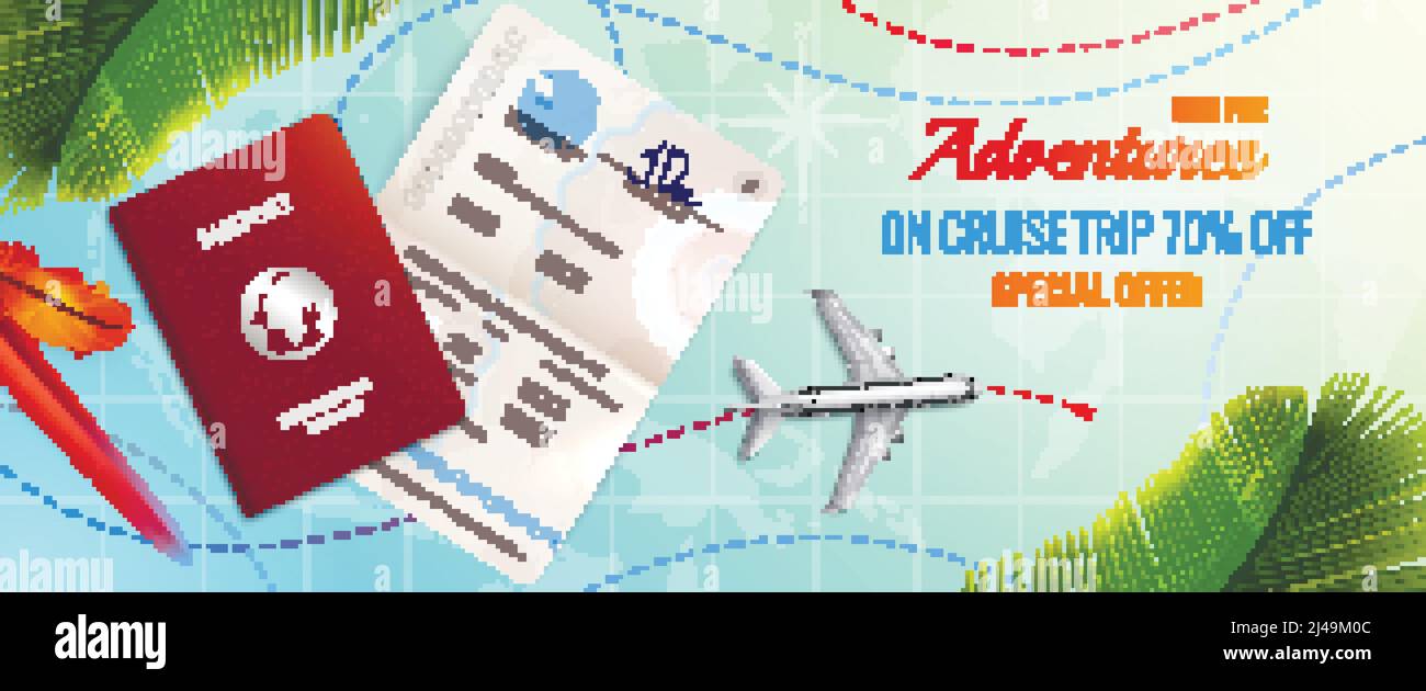 Biometric passport travel advertising realistic composition with time ...